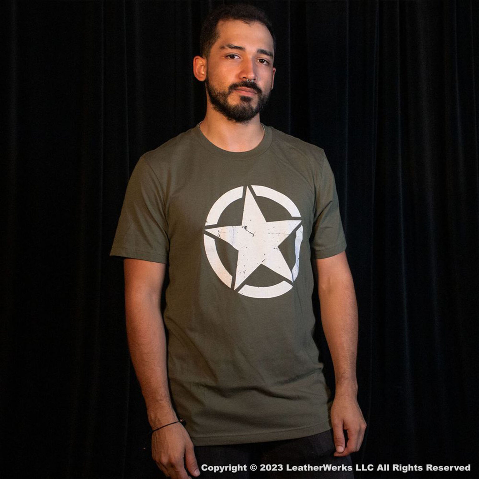 Distressed Army Green Star T-Shirt - LeatherWerks